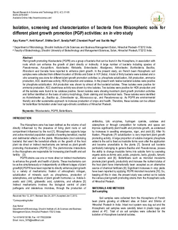 (PDF) Isolation, screening and characterization of bacteria from Rhizospheric soils for ...