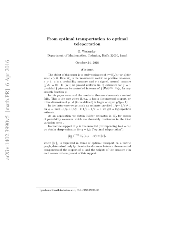 (PDF) From optimal transportation to optimal teleportation