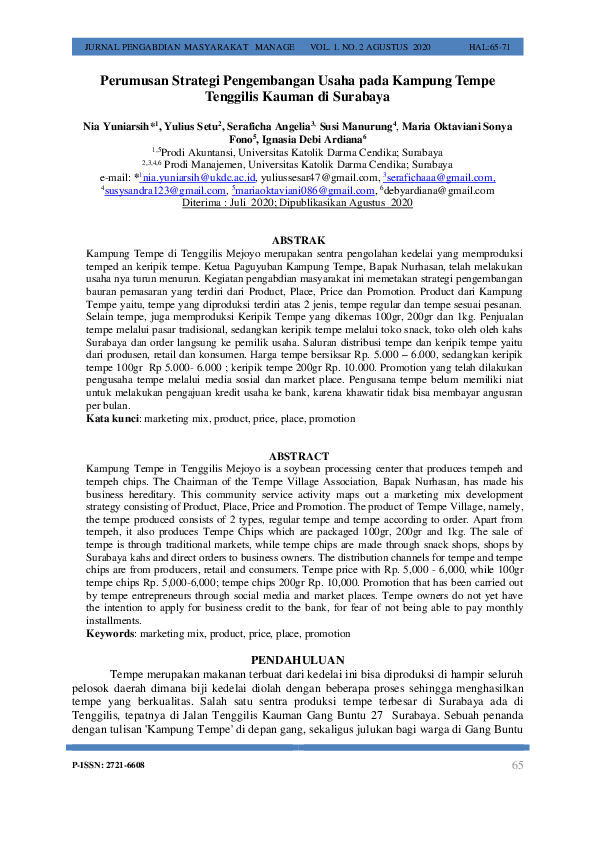 (PDF) Perumusan Strategi Pengembangan Usaha pada Kampung Tempe ... (PDF) Perumusan Strategi Pengembangan Usaha pada Kampung Tempe ...