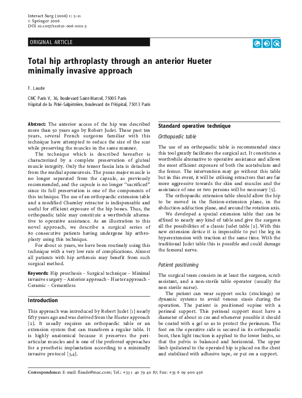 (PDF) Total hip arthroplasty through an anterior Hueter minimally ...