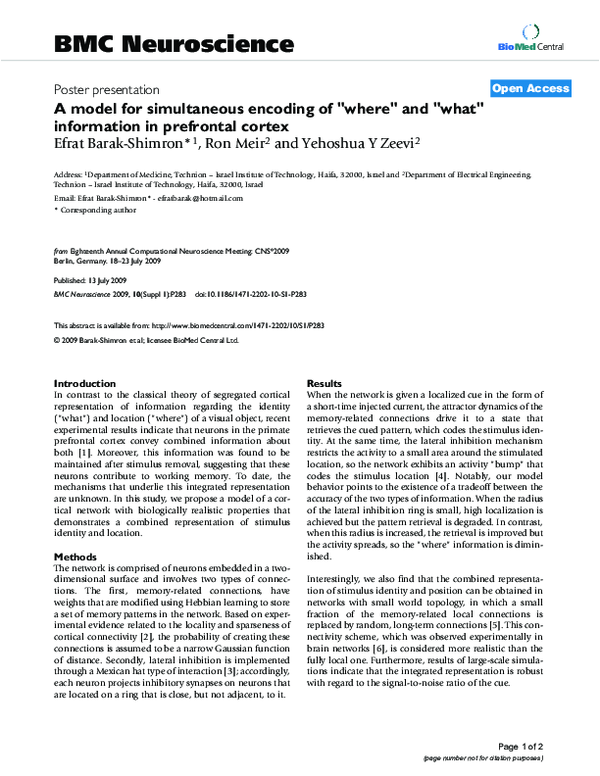 (PDF) A model for simultaneous encoding of "where" and "what" information in prefrontal cortex ...