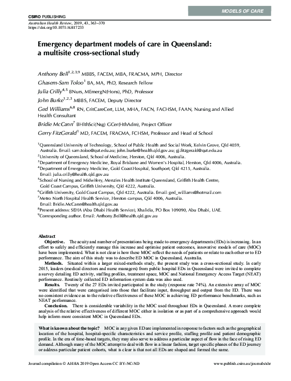 (PDF) Emergency department models of care in Queensland: a multisite ...