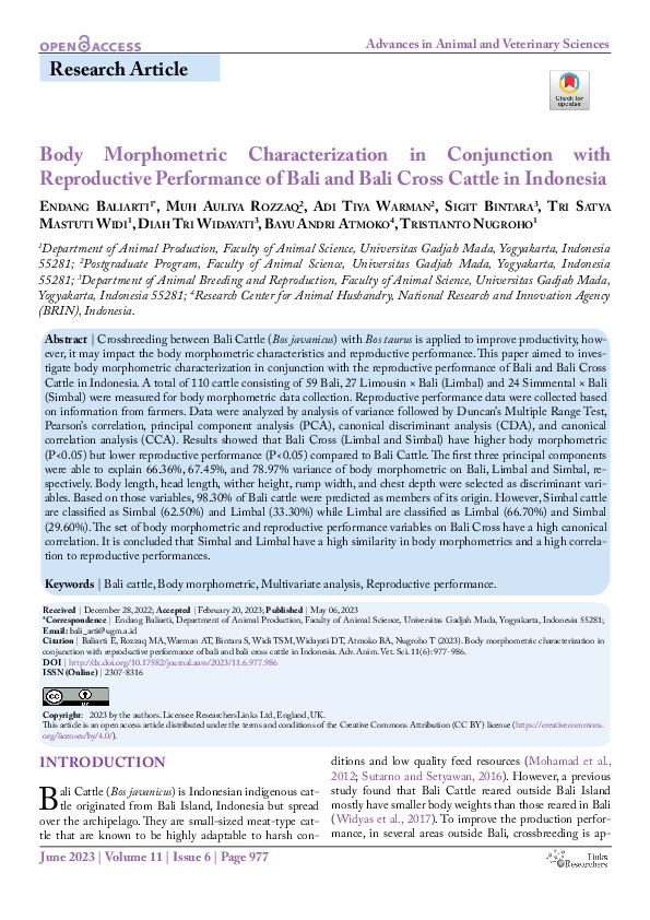 (PDF) Morphometric and Reproductive Traits of Bali Cattle