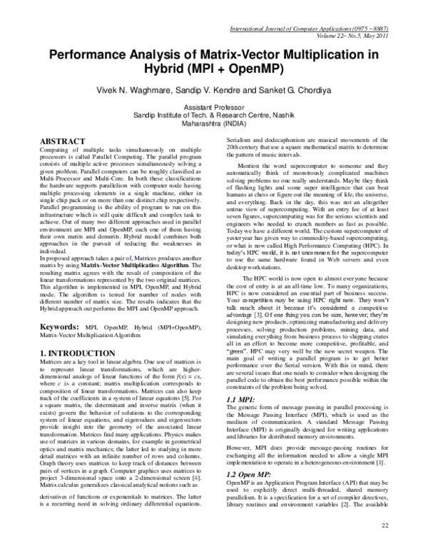 (PDF) Performance Analysis of MatrixVector Multiplication in Hybrid 'MPI + OpenMP