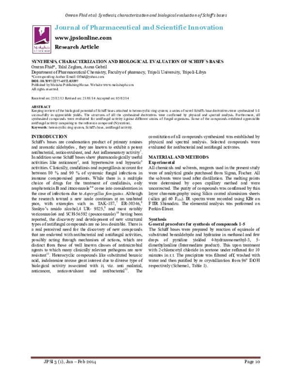 (PDF) Synthesis, Characterization and Biological Evaluation of Schiffs Bases
