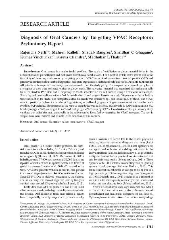 (PDF) Diagnosis of Oral Cancers by Targeting Vpac Receptors ...