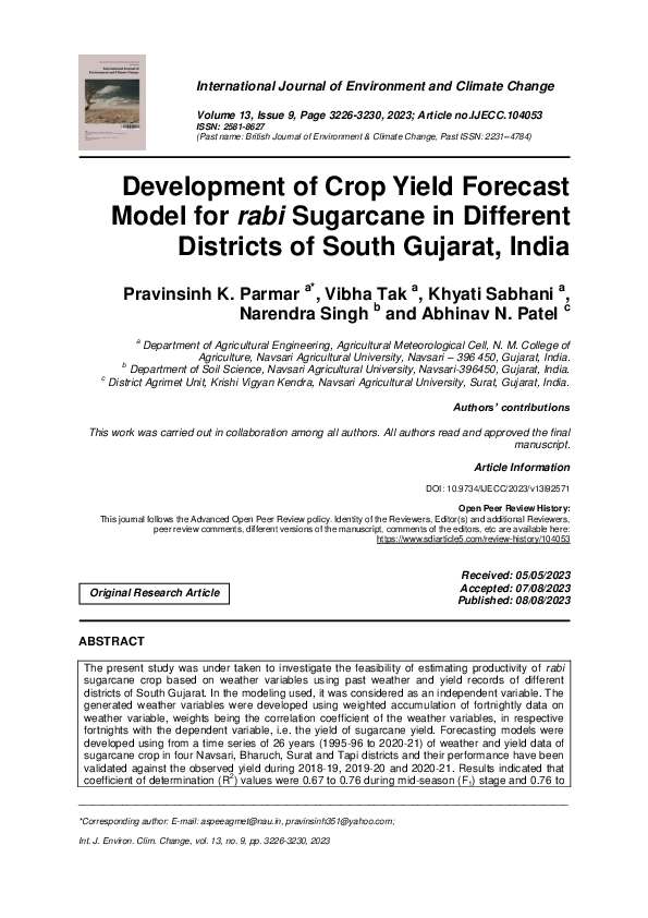 (PDF) Development of Crop Yield Forecast Model for rabi Sugarcane in Different Districts of ...