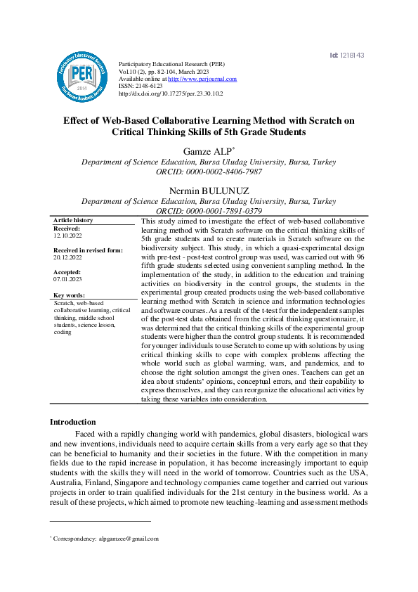 (PDF) Effect of Web-Based Collaborative Learning Method with Scratch on Critical Thinking Skills ...