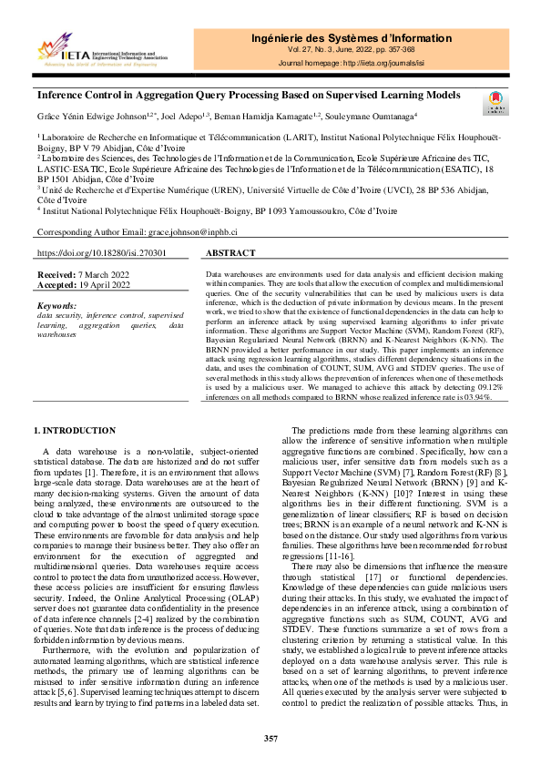 (PDF) Inference Control in Aggregation Query Processing Based on Supervised Learning Models