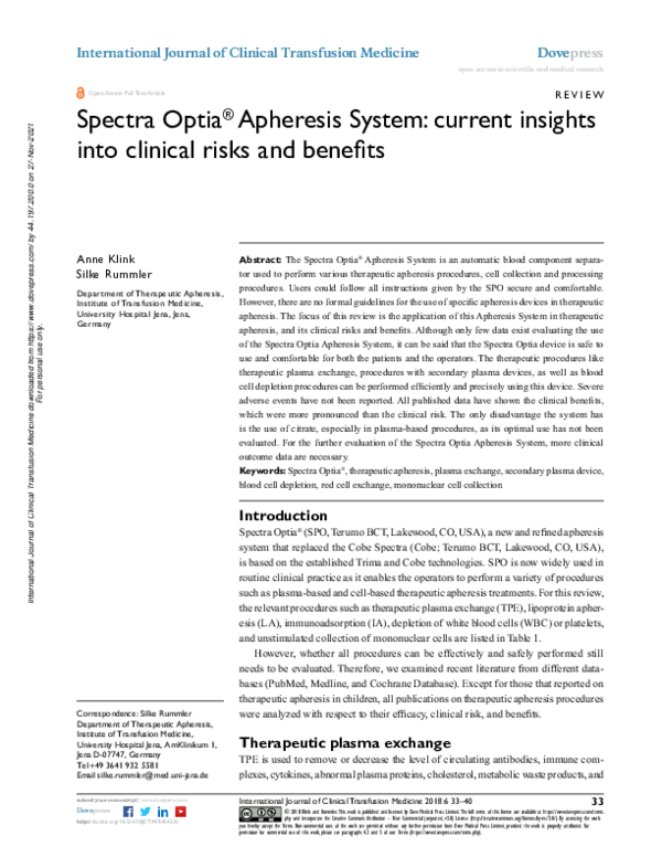 (PDF) Spectra Optia ® Apheresis System: current insights into clinical ...