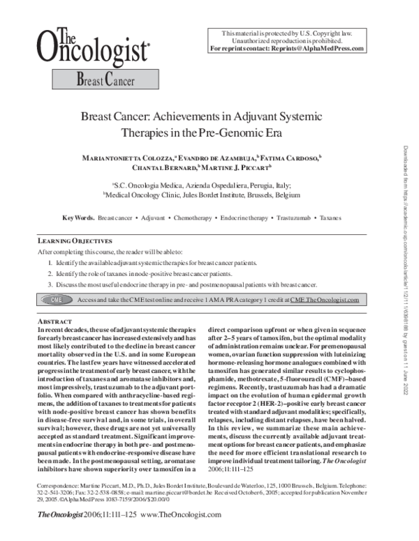 (PDF) Breast Cancer: Achievements in Adjuvant Systemic Therapies in the ...