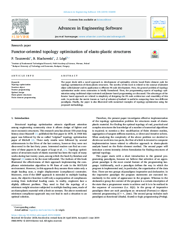 (PDF) Functor-oriented topology optimization of elasto-plastic structures | Piotr Tauzowski ...