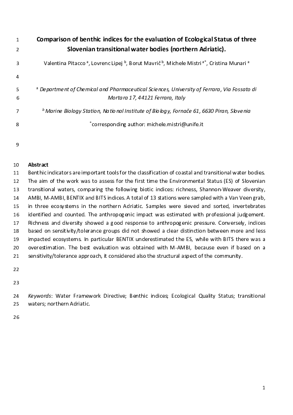 (PDF) Comparison of benthic indices for the evaluation of ecological status of three Slovenian ...