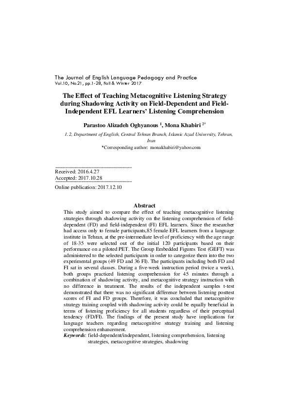 Pdf The Effect Of Teaching Metacognitive Listening Strategy During Shadowing Activity On Field