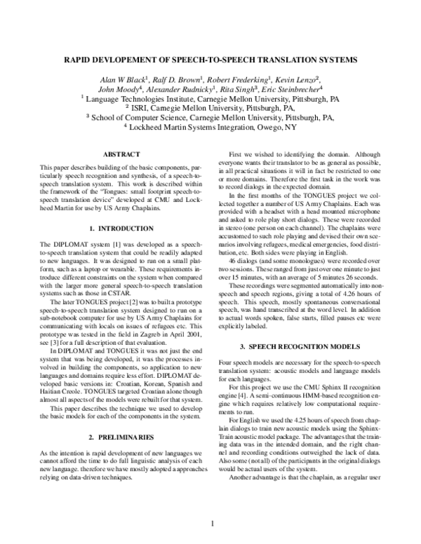 (PDF) Rapid development of speech-to-speech translation systems