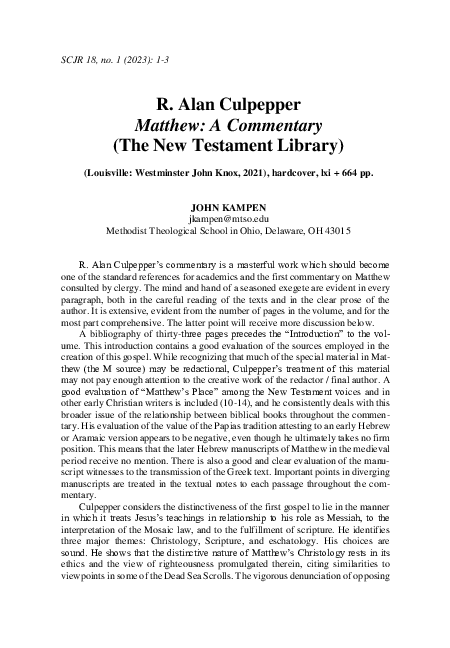 (PDF) R. Alan Culpepper. Matthew: A Commentary (The New Testament Library)