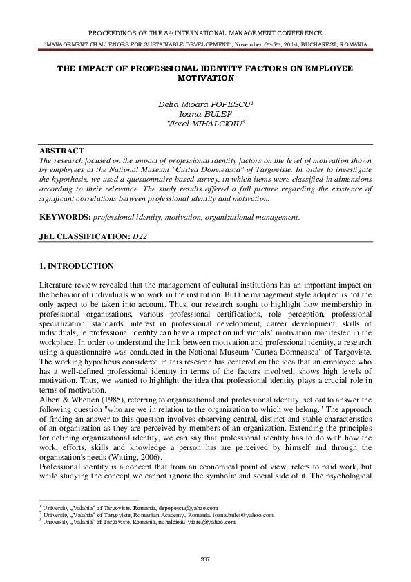 (PDF) The Impact Of Professional Identity Factors On Employee Motivation