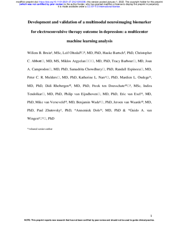 (PDF) Development and validation of a multimodal neuroimaging biomarker for electroconvulsive ...