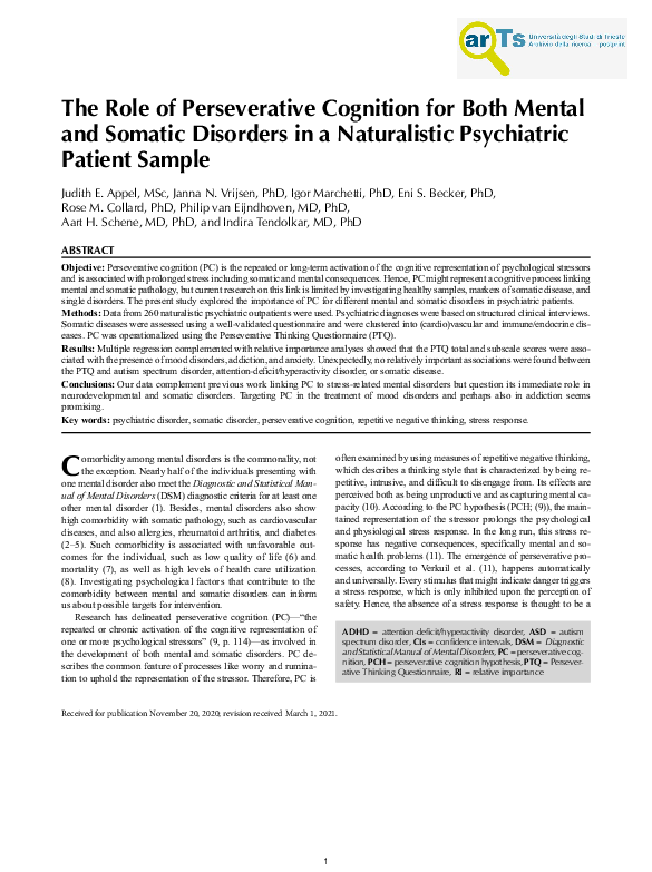 (PDF) The Role of Perseverative Cognition for Both Mental and Somatic ...