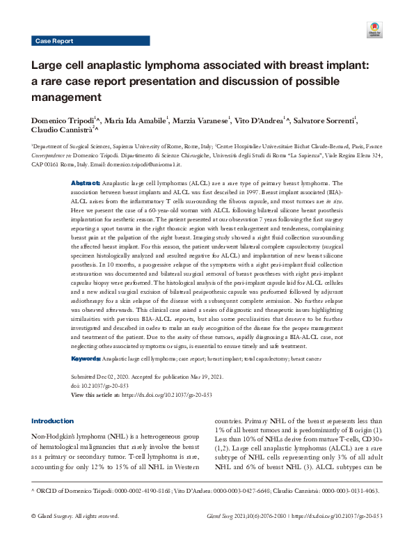 (PDF) Large cell anaplastic lymphoma associated with breast implant: a rare case report ...