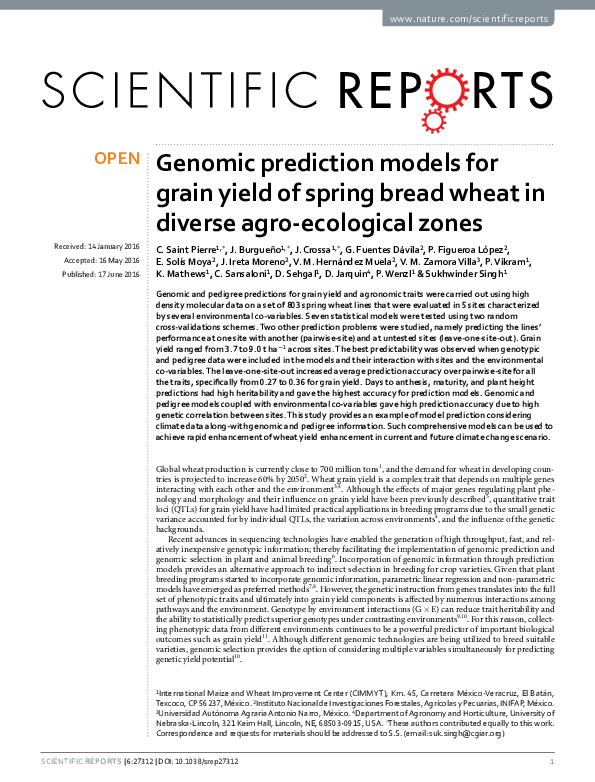 (PDF) Genomic prediction models for grain yield of spring bread wheat in diverse agro-ecological ...