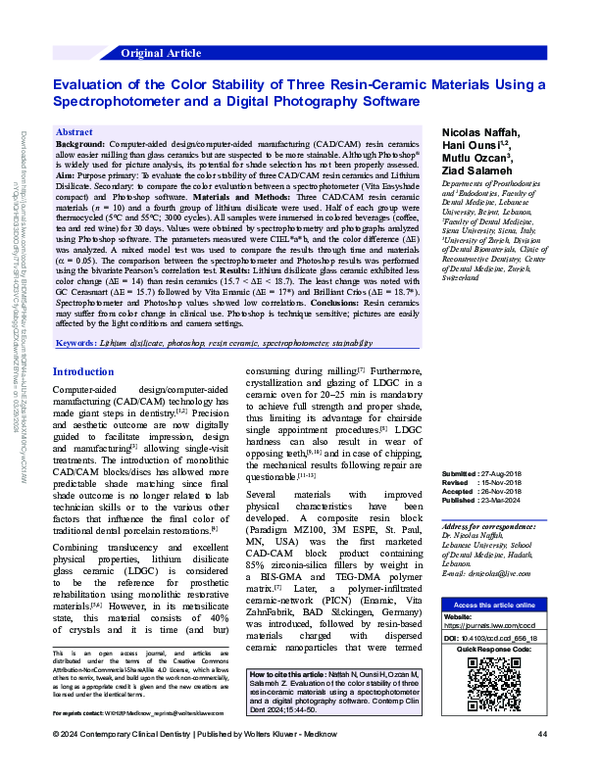 (PDF) Evaluation of the Color Stability of Three Resin‑Ceramic ...