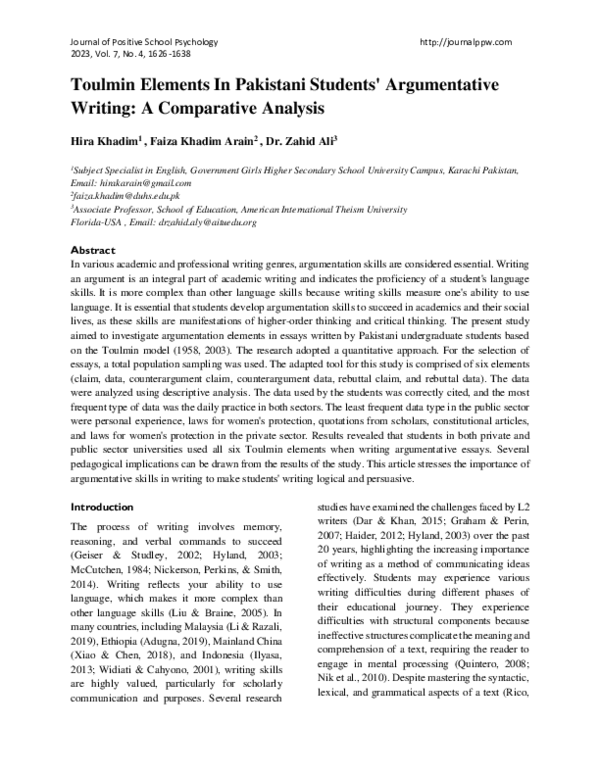 (PDF) Toulmin Elements In Pakistani Students' Argumentative Writing: A ...