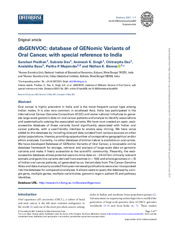 (PDF) dbGENVOC: database of GENomic Variants of Oral Cancer, with ...