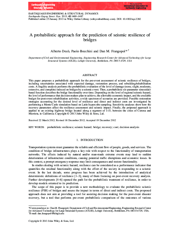 (PDF) A probabilistic approach for the prediction of seismic resilience ...