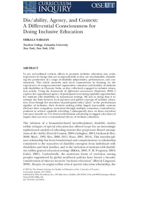 (PDF) Dis/ability, Agency, and Context: A Differential Consciousness for Doing Inclusive Education