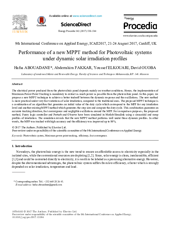 (PDF) Performance of a new MPPT method for Photovoltaic systems under ...