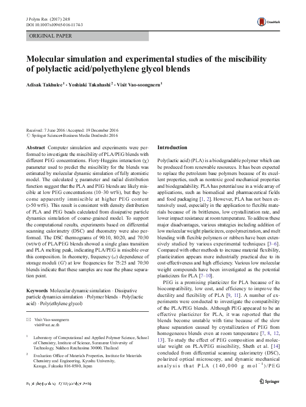 (PDF) Molecular simulation and experimental studies of the miscibility of PLA/PLAx-PEGy-PLAx blends