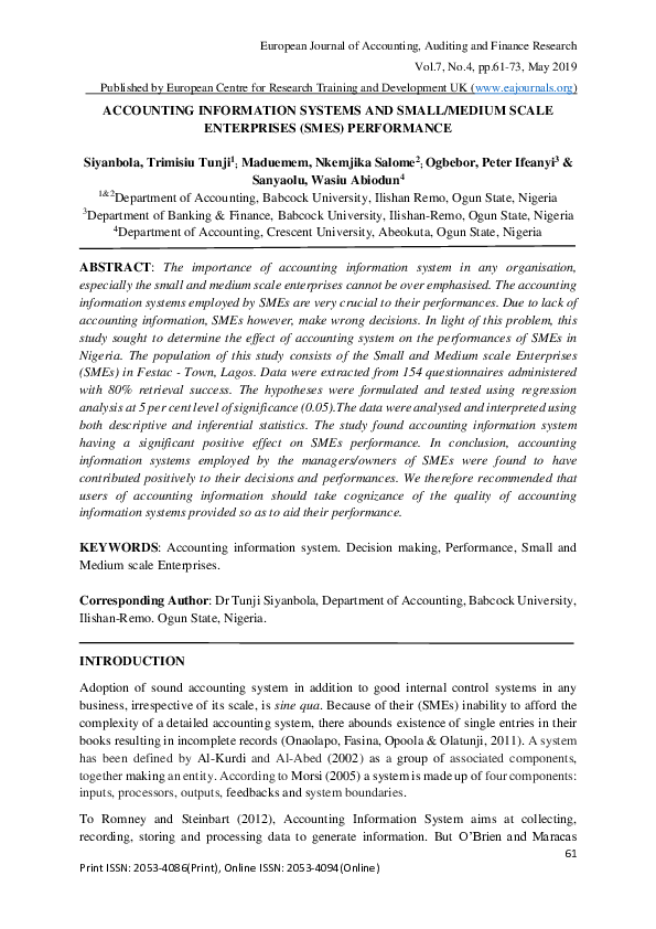 (PDF) Accounting Information Systems and Small / Medium Scale Enterprises ( Smes ) Performance