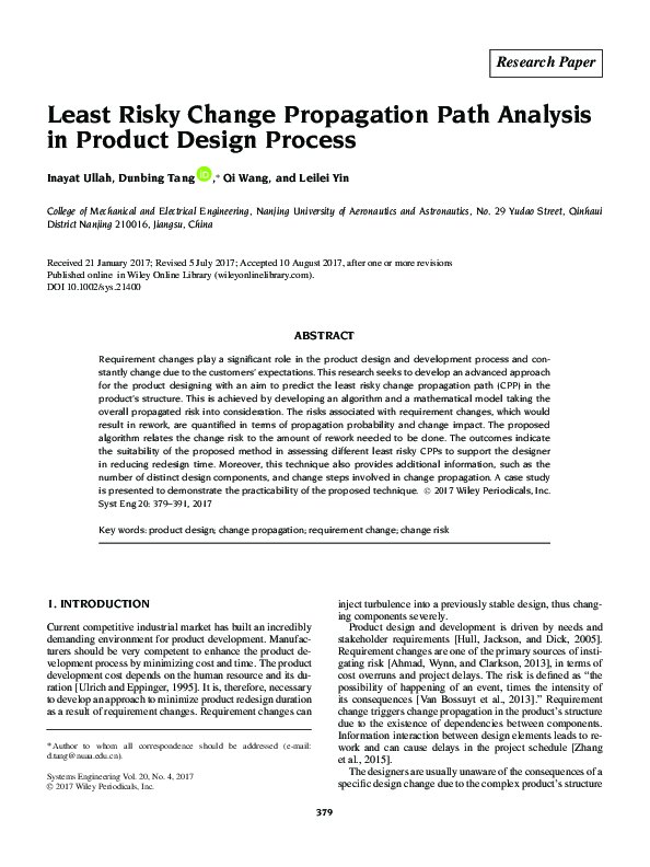 (PDF) Least Risky Change Propagation Path Analysis in Product Design Process