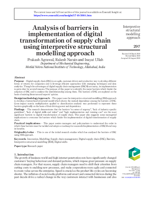 (PDF) Analysis of barriers in implementation of digital transformation of supply chain using ...