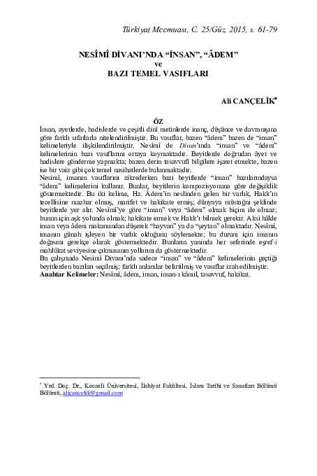 (PDF) NESÎMÎ DİVANI'NDA "İNSAN", "ÂDEM" ve BAZI TEMEL VASIFLARI - THE HUMAN OR ADAM, AND HIS ...