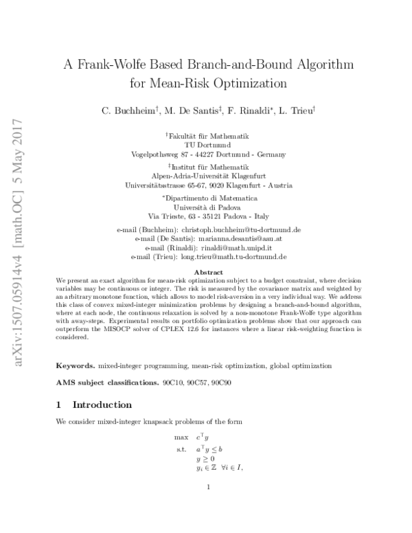 Pdf A Frank Wolfe Based Branch And Bound Algorithm For Mean Risk Optimization
