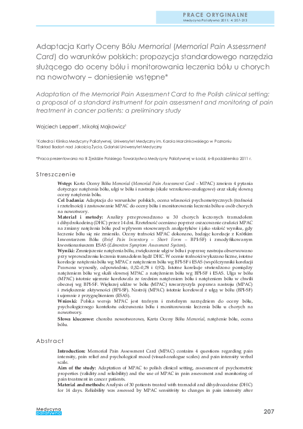 (PDF) Adaptation of the Memorial Pain Assessment Card to the Polish ...
