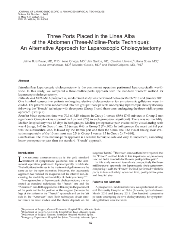 (PDF) Three Ports Placed in the Linea Alba of the Abdomen (Three ...