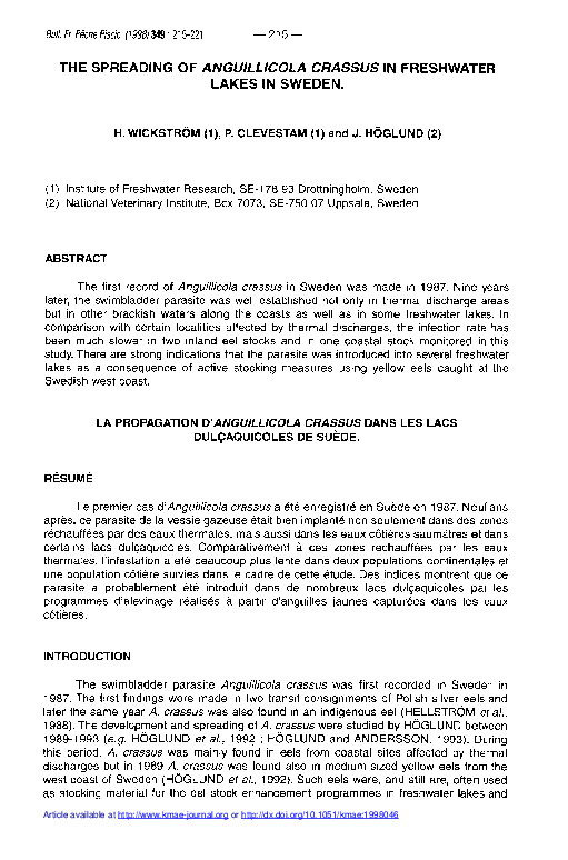 (PDF) The spreading of Anguillicola crassus in freshwater lakes in Sweden