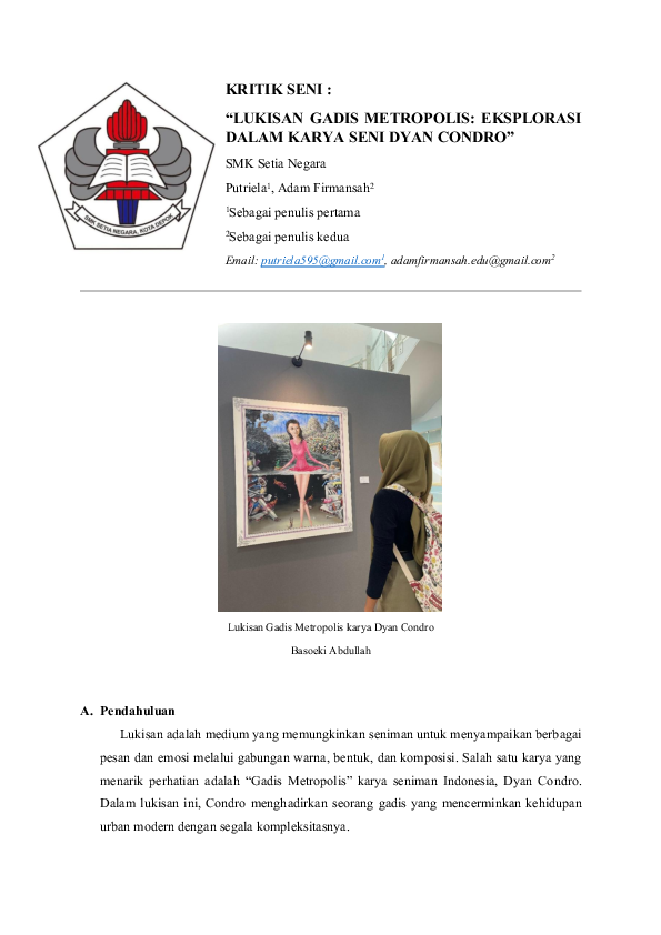 (PDF) KRITIK SENI : "LUKISAN GADIS METROPOLIS: EKSPLORASI DALAM KARYA SENI DYAN CONDRO"