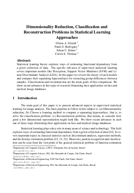 (PDF) Dimensionality Reduction, Classification and Reconstruction Problems in Statistical ...