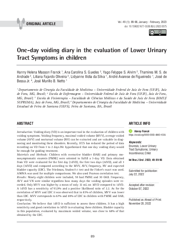 (PDF) One-day voiding diary in the evaluation of Lower Urinary Tract ...