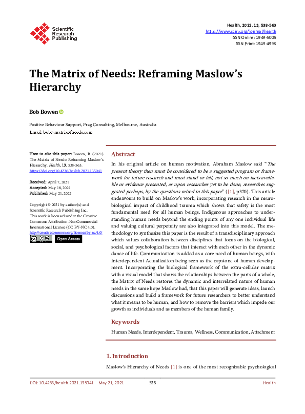 (PDF) The Matrix of Needs: Reframing Maslow’s Hierarchy