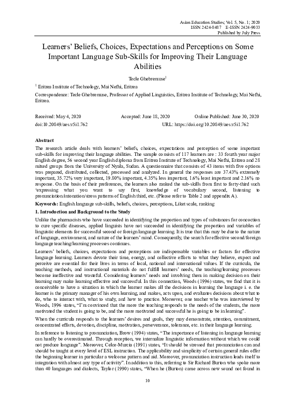 (PDF) Learners’ Beliefs, Choices, Expectations and Perceptions on Some ...