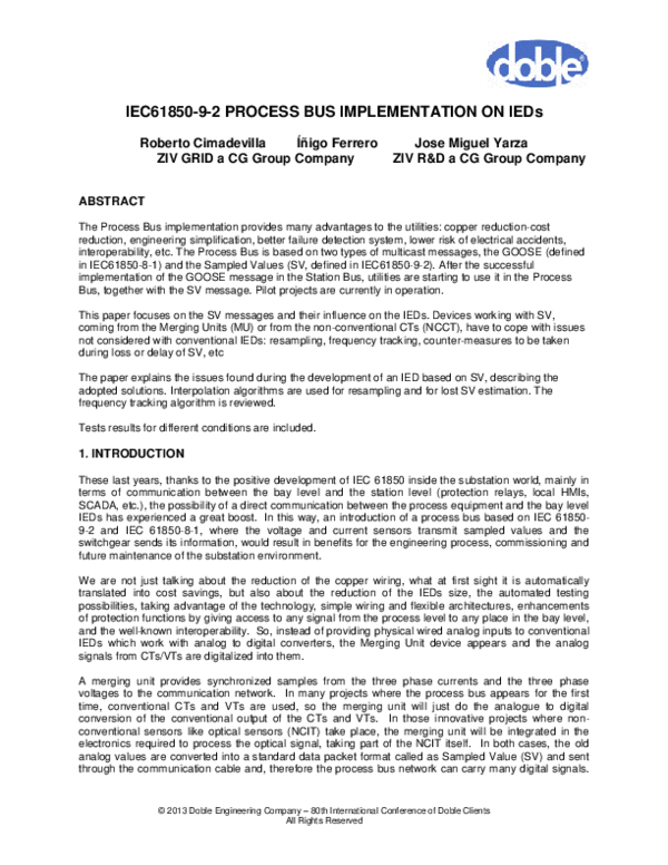 (PDF) IEC61850-9-2 Process Bus implementation on IEDs
