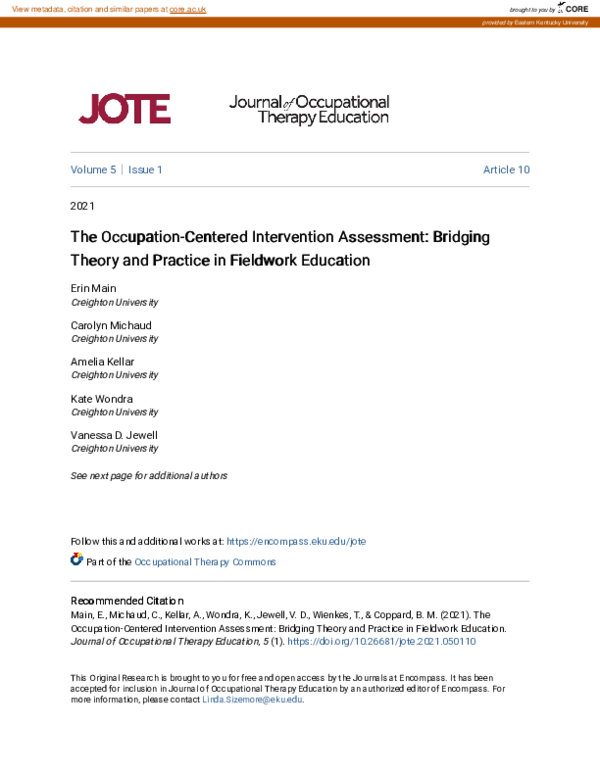 (PDF) The Occupation-Centered Intervention Assessment: Bridging Theory and Practice in Fieldwork ...