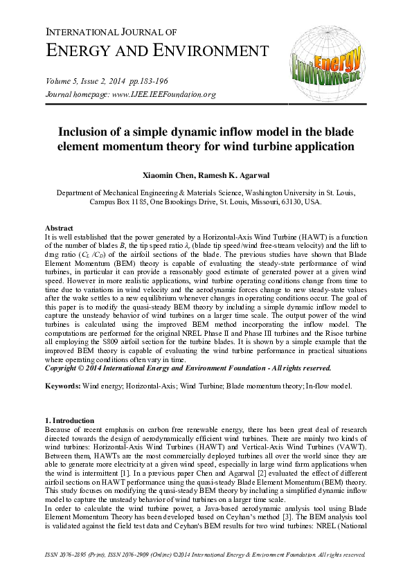 (PDF) Inclusion of a Simple Dynamic Inflow Model in the Blade Element Momentum Theory for Wind ...