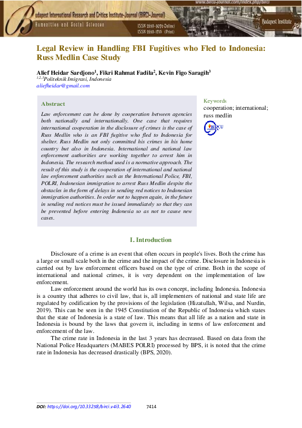 (PDF) Legal Review in Handling FBI Fugitives who Fled to Indonesia ...