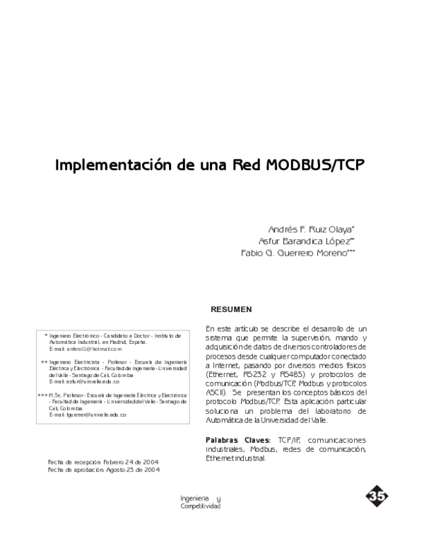 (PDF) Implementación de una Red MODBUS/TCP